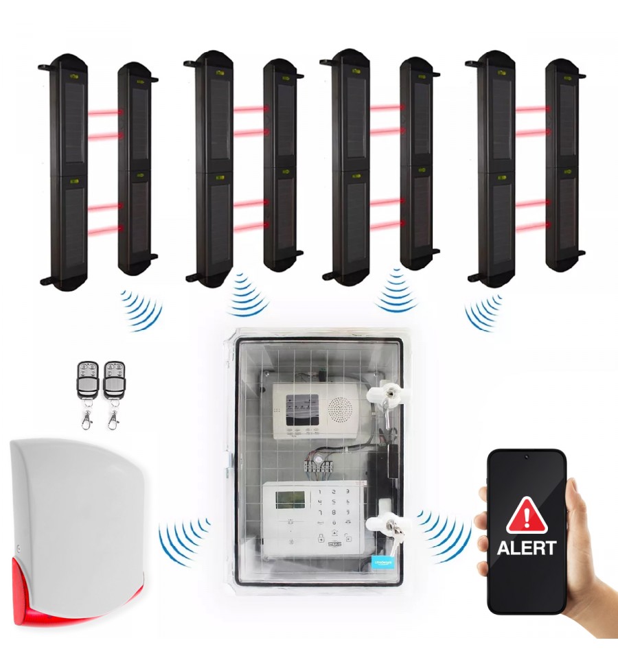 4G Wireless Perimeter Alarm with 2B Solar Powered Beams & Loud Siren